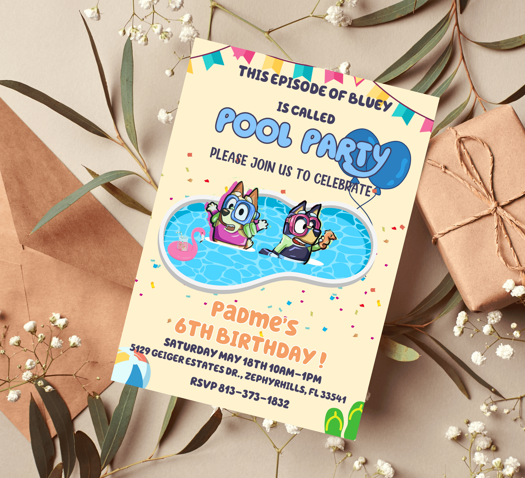 Bluey Pool Party Yellow Birthday Invitation | Fun & Colorful | Inspire ...