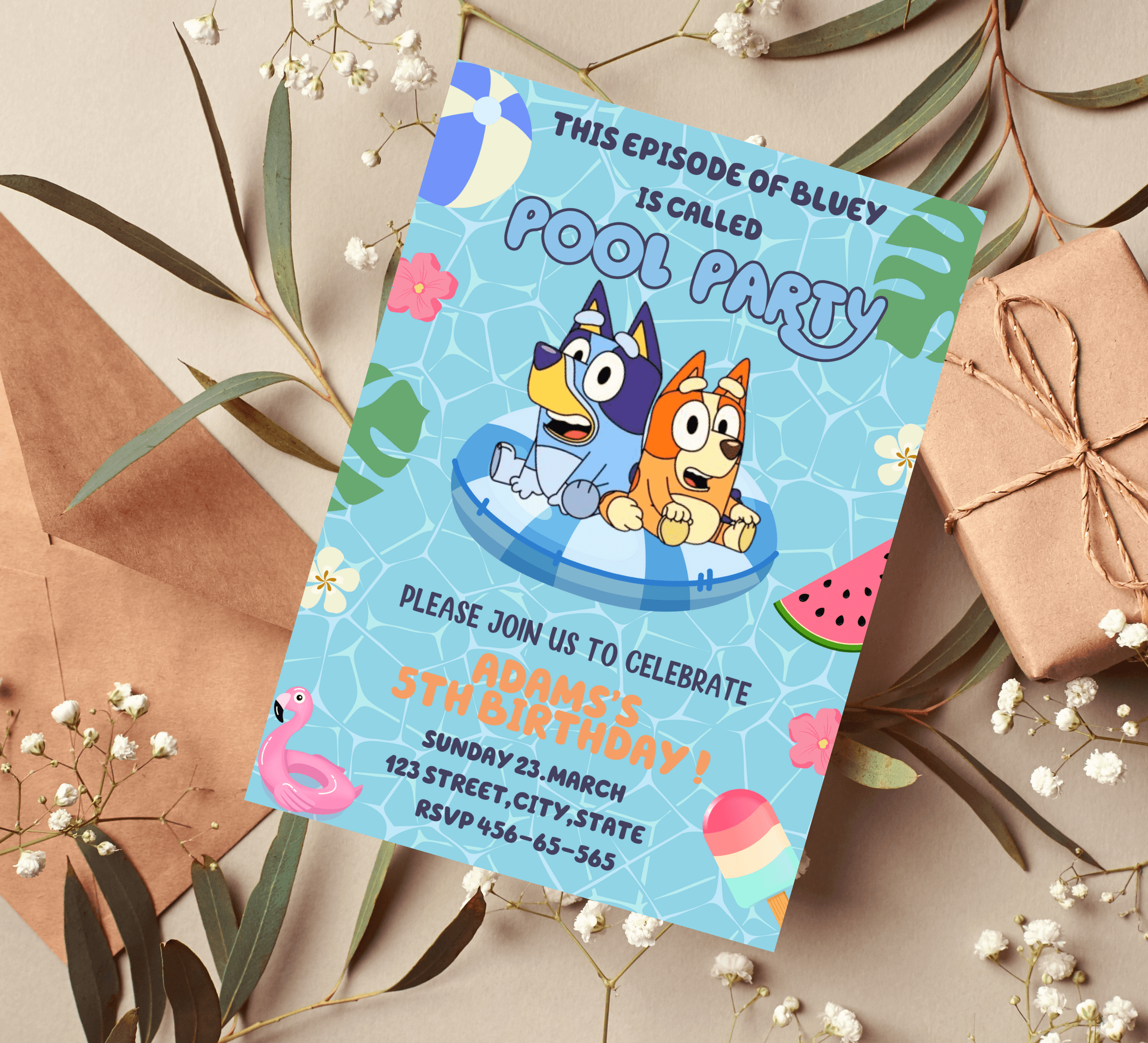 Bluey Swimming Ring Pool Birthday Invitation | Fun & Colorfu | Inspire ...