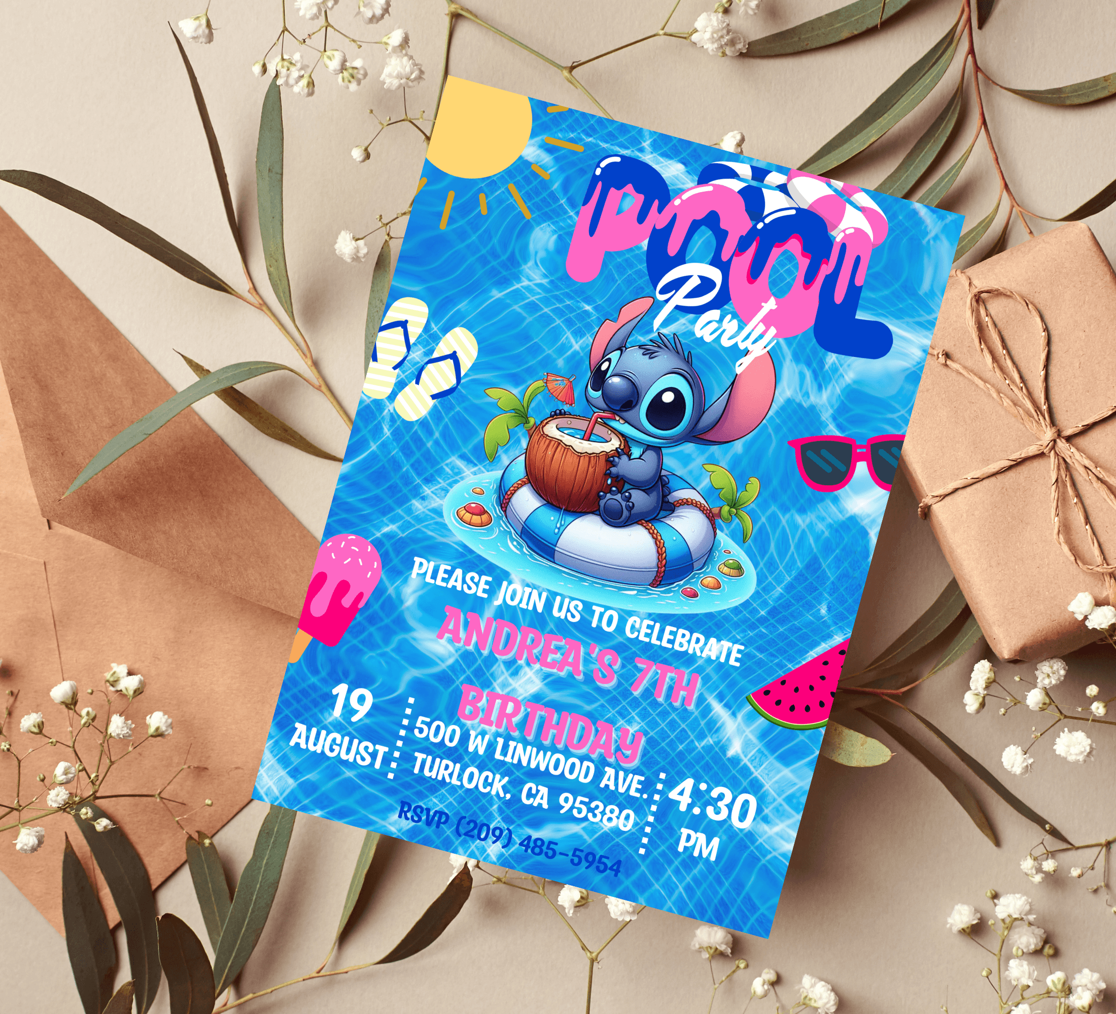 Stitch with Coconuts Pool Birthday Invitation | Tropical & F | Inspire ...