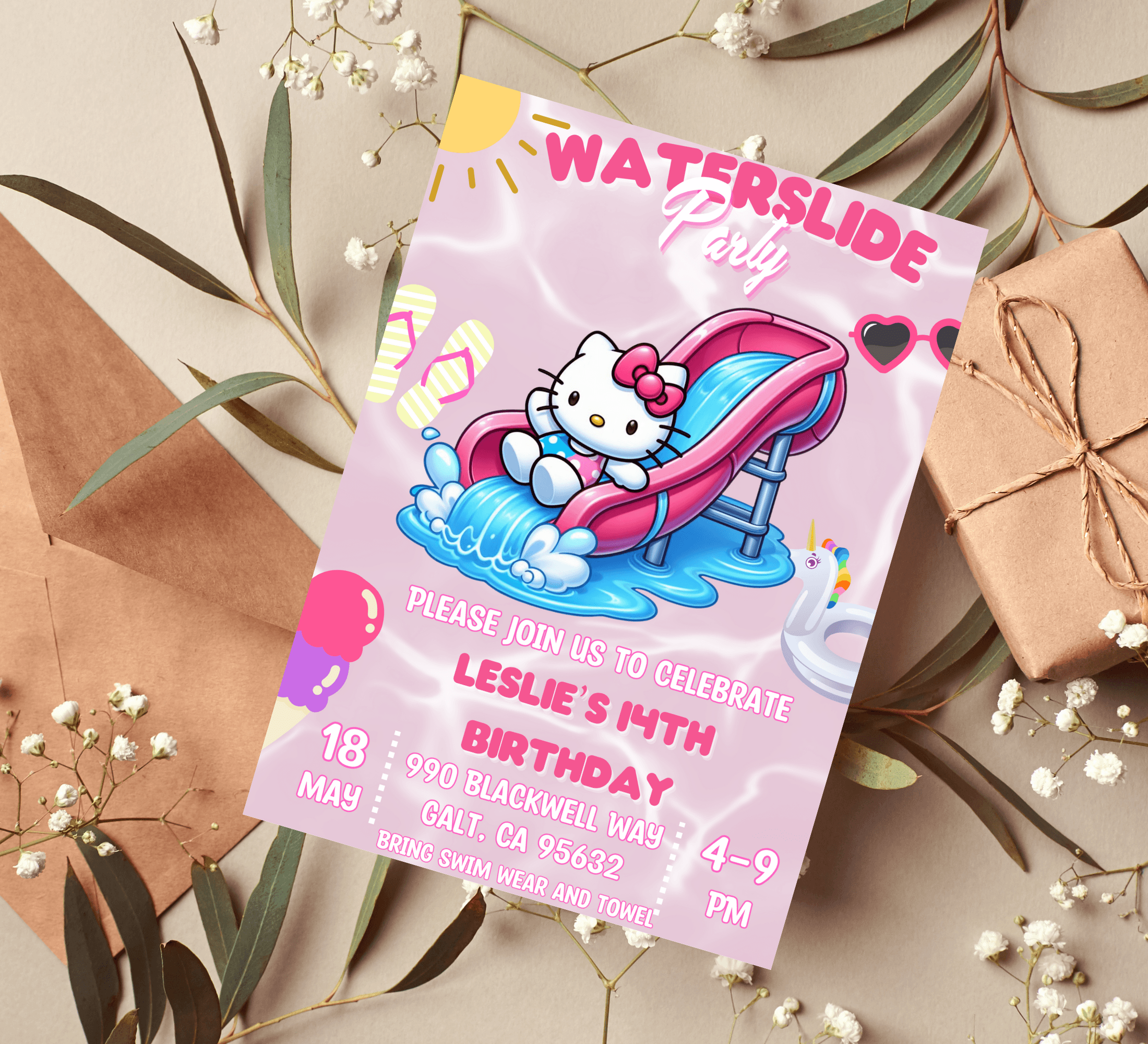 Hello Kitty Pink Waterslide Pool Birthday Invitation | Fun & | Inspire ...
