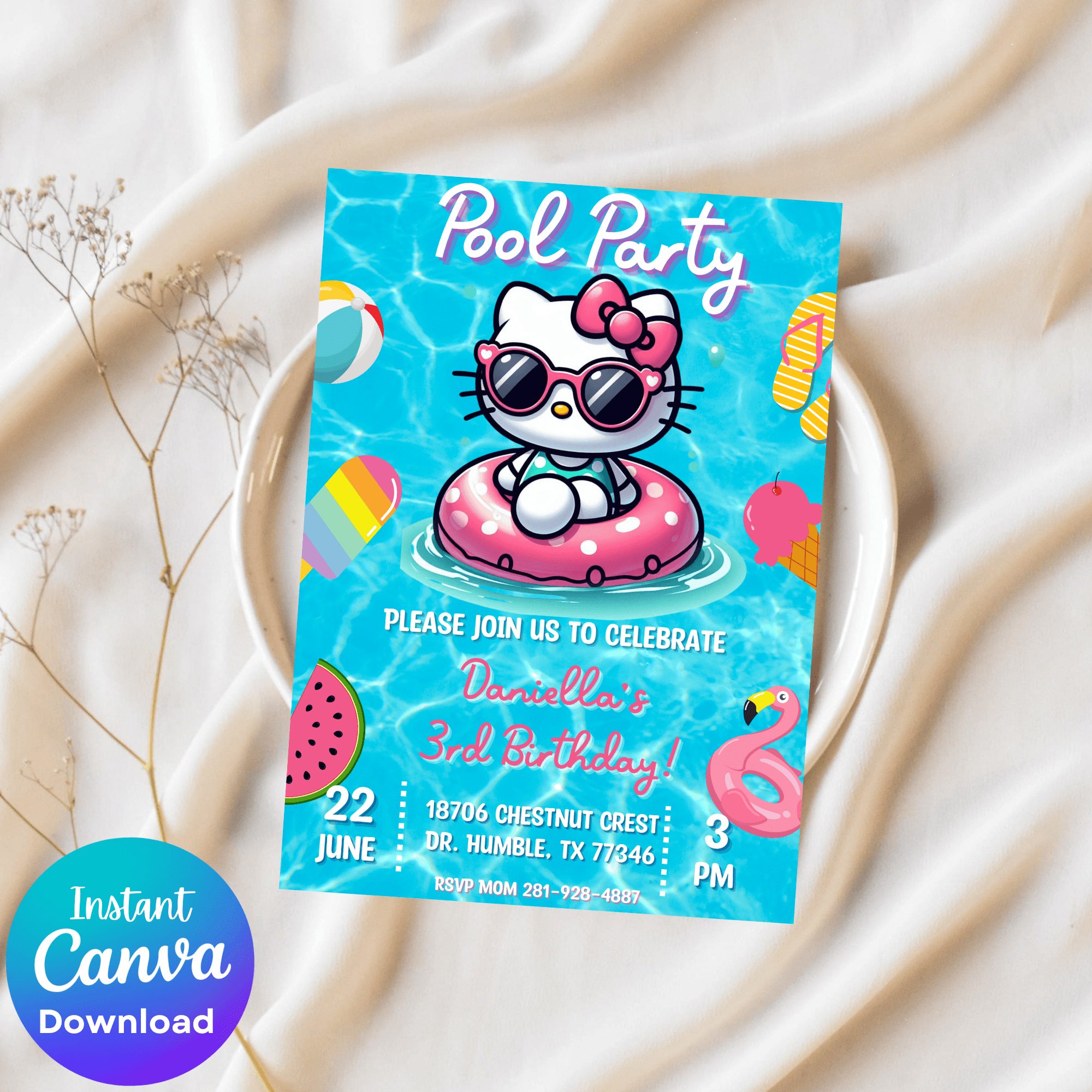 Hello Kitty Pool Birthday Invitation | Fun & Cute Pool Party | Inspire ...