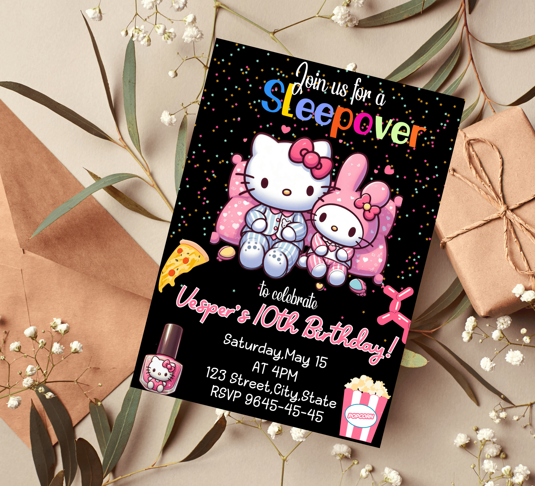 Hello Kitty My Melody Black Sleepover Spa Birthday Invitatio | Inspire ...