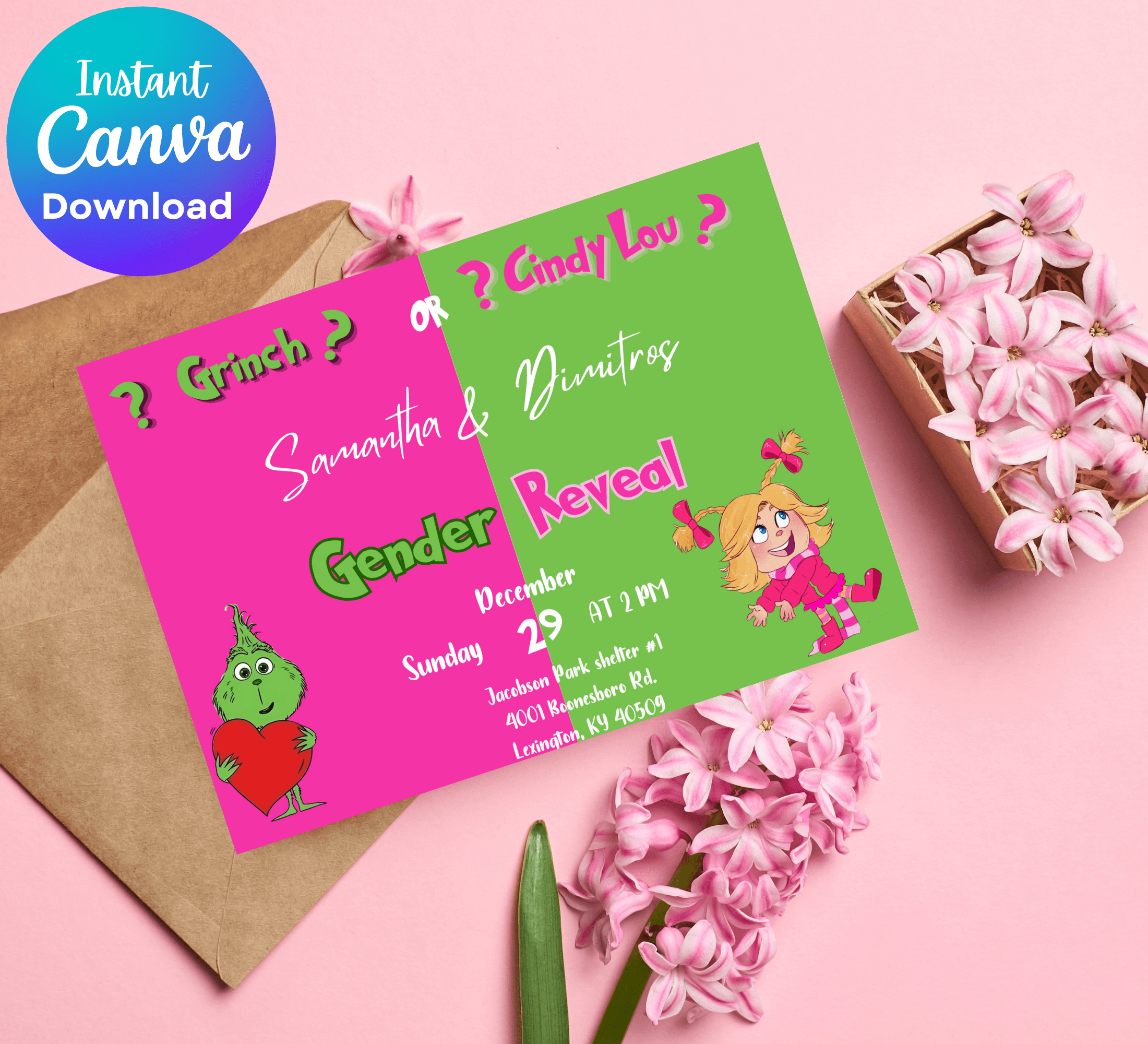 Grinch and Cindy Lou Pink and Green Gender Reveal Invitation | Inspire ...