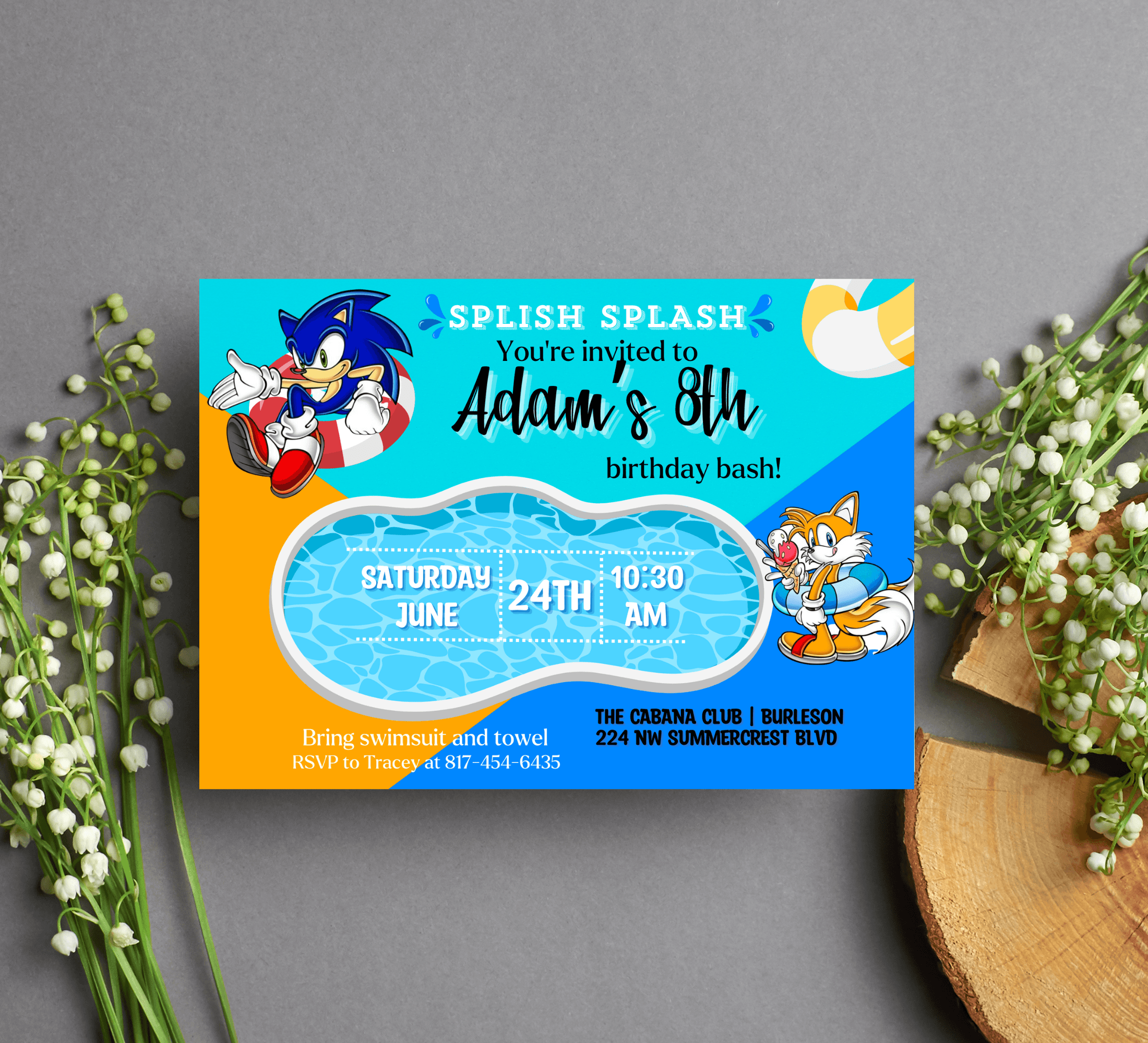 Sonic the Hedgehog Blue and Orange Pool Birthday Invitation | Inspire ...