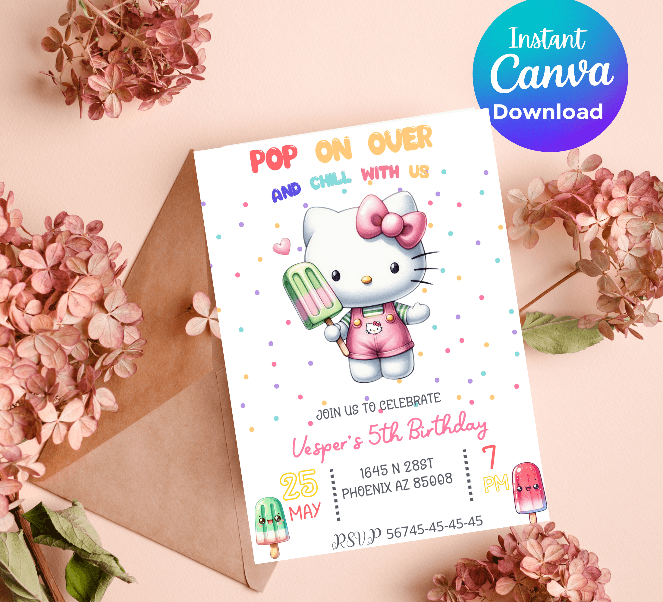 Hello Kitty Popsicle Watercolor Birthday Invitation | Cute & | Inspire ...