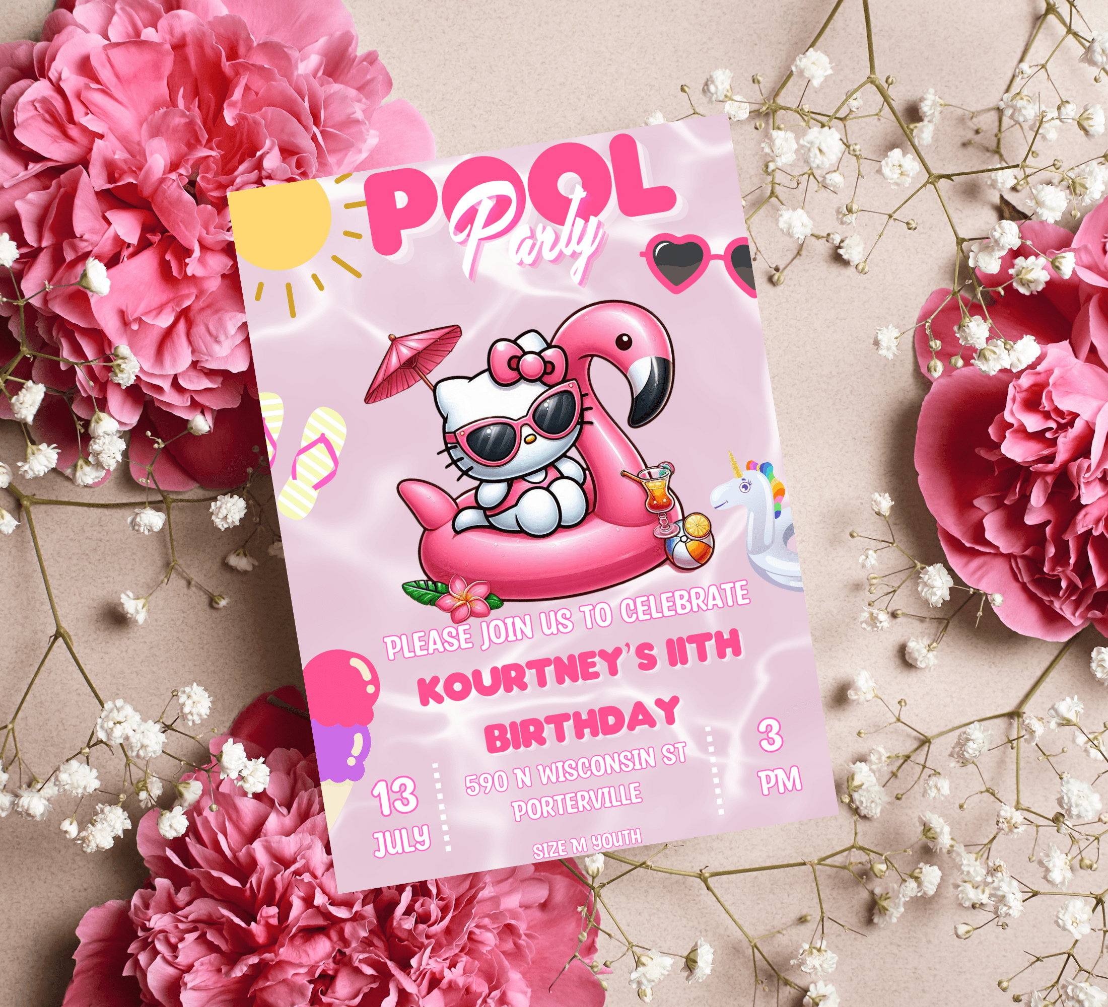 Hello Kitty Pool Pink Flamingo Birthday Invitation | Fun & T | Inspire ...