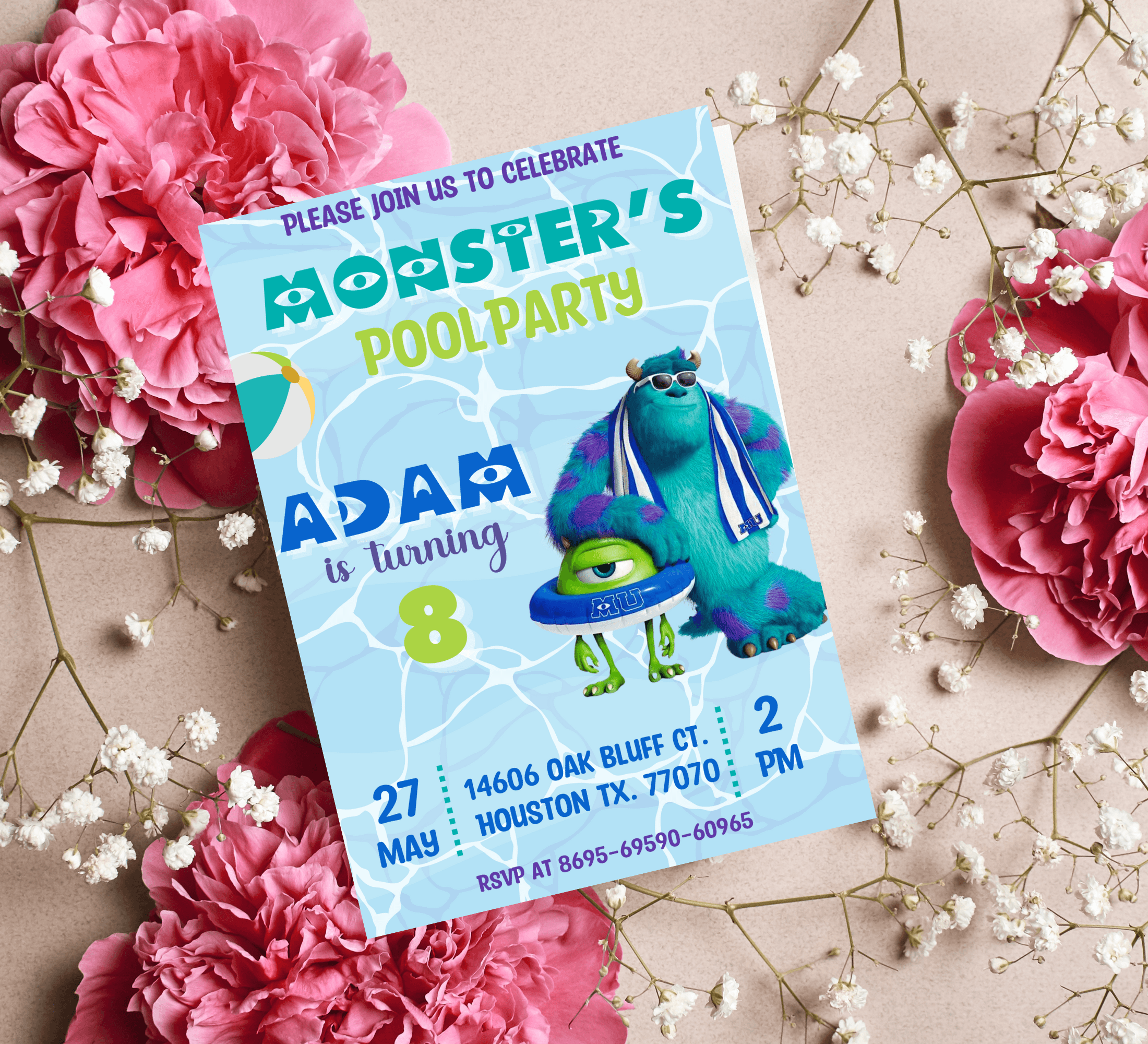 Monsters Inc. Pool Party Invitation | Sullivan, Mike, and Bo | Inspire ...