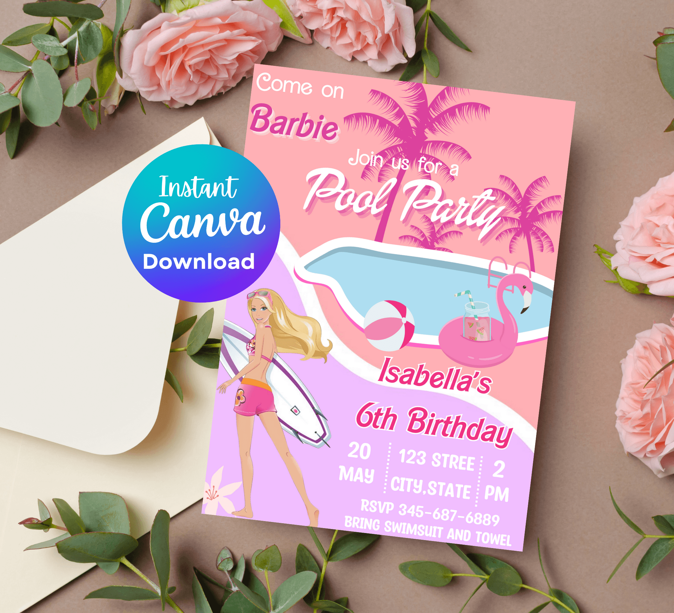 Barbie Pool Party Surf Birthday Invitation | Fun & Glamorous | Inspire ...
