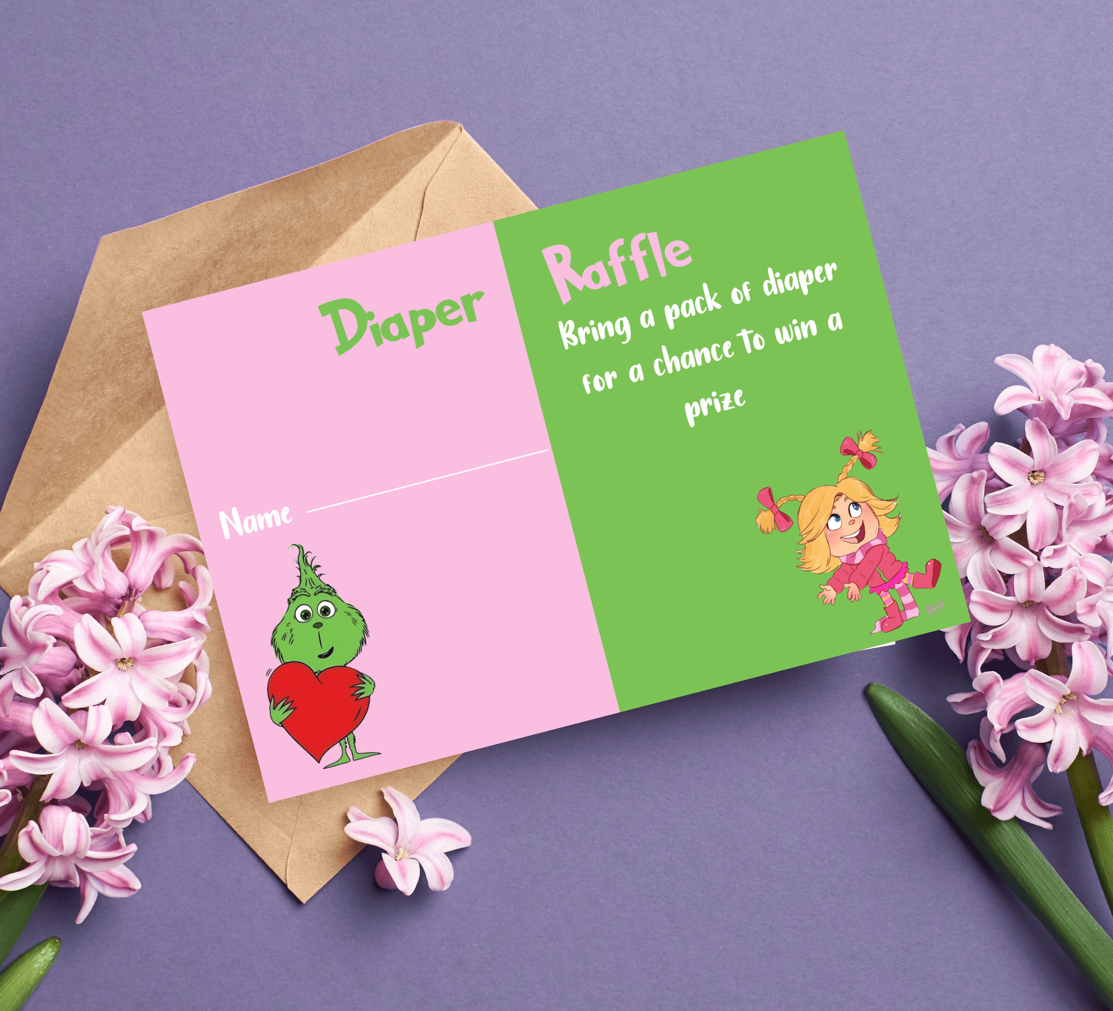 Grinch & Cindy Lou Diaper Raffle Tickets | Green & Pink Gend | Inspire ...