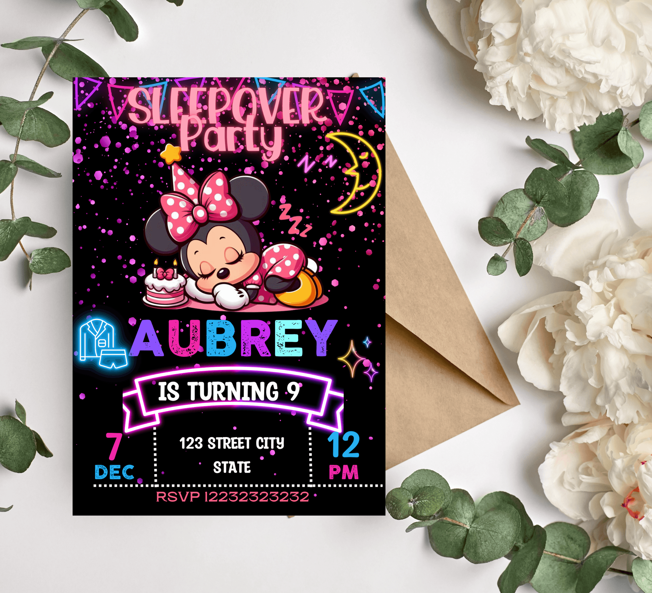 Minnie Mouse Neon Sleepover Birthday Invitation | Fun & Vibr | Inspire ...