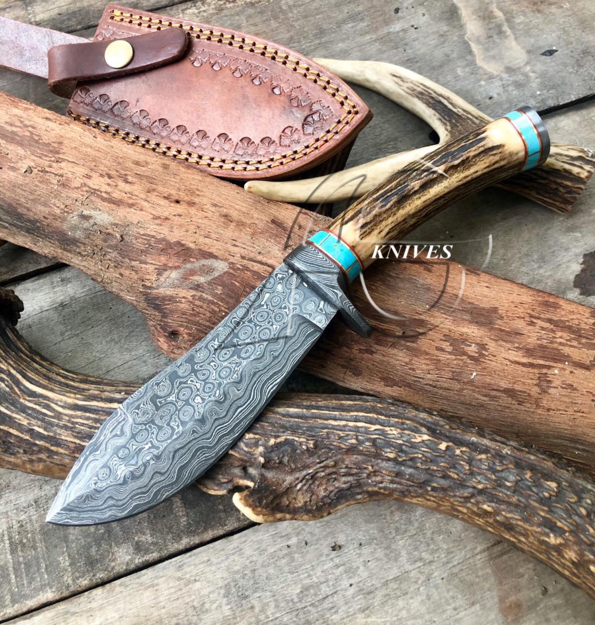 Turquoise Deer Knife for Hunting Damascus Fixed Blade with C | Inspire ...