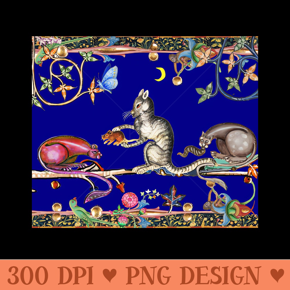 WEIRD MEDIEVAL BESTIARY THREE HUNTER CATS AND MOUSE IN BLUE - Inspire ...