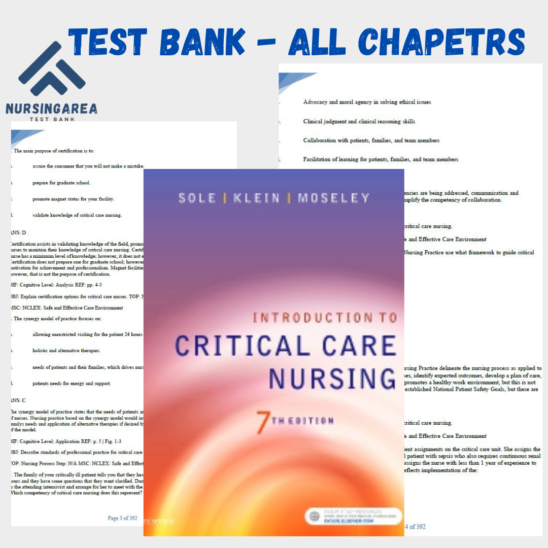 Test Bank for Introduction to Critical Care Nursing 7th Edit | Inspire ...