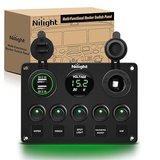 5 Gang Rocker Switch Panel with Green Backlit Dual USB Charg | Inspire ...