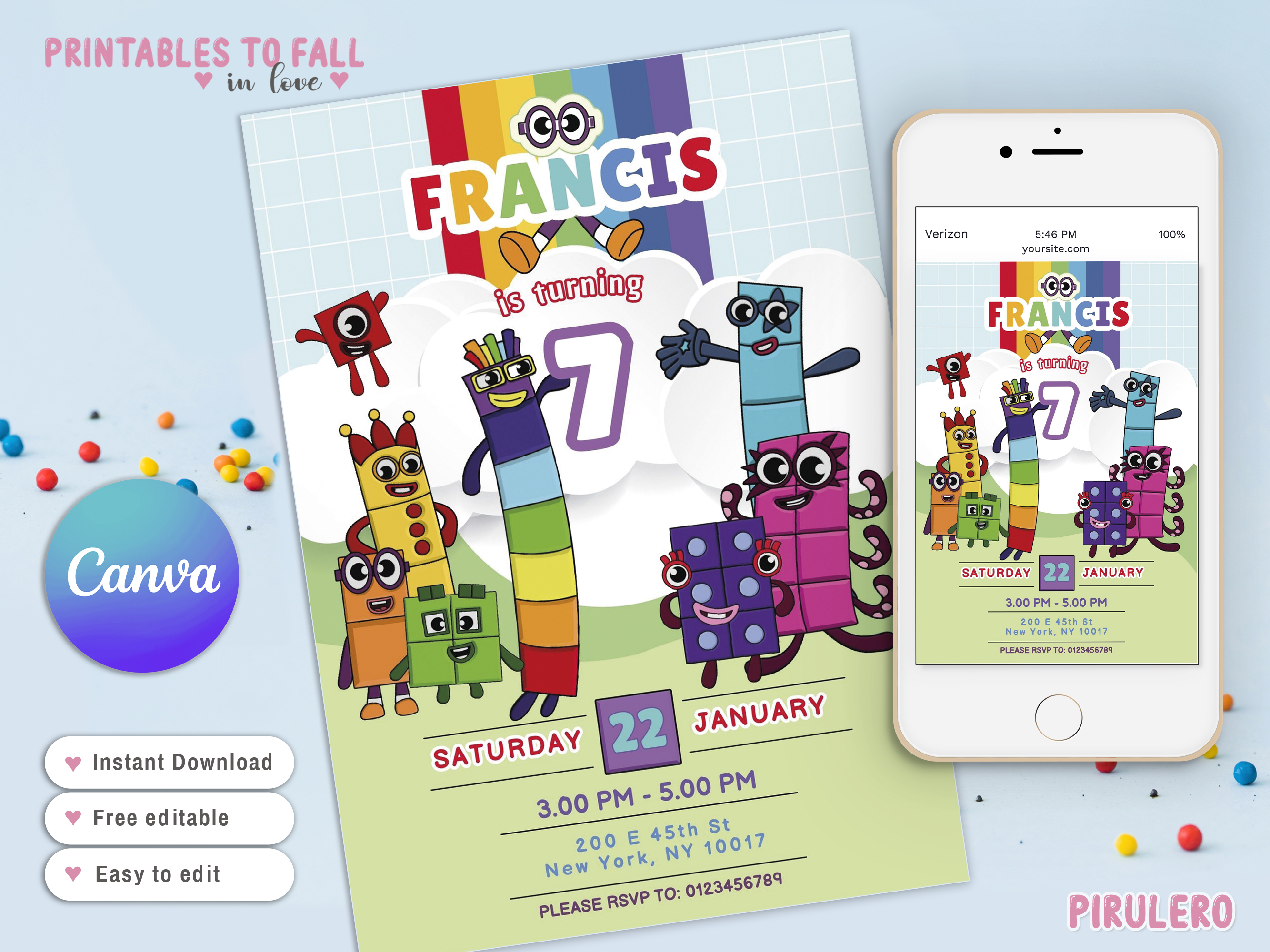 Numbeblocks Invitation Canva Template, Numberblock 7th Birth - Inspire ...