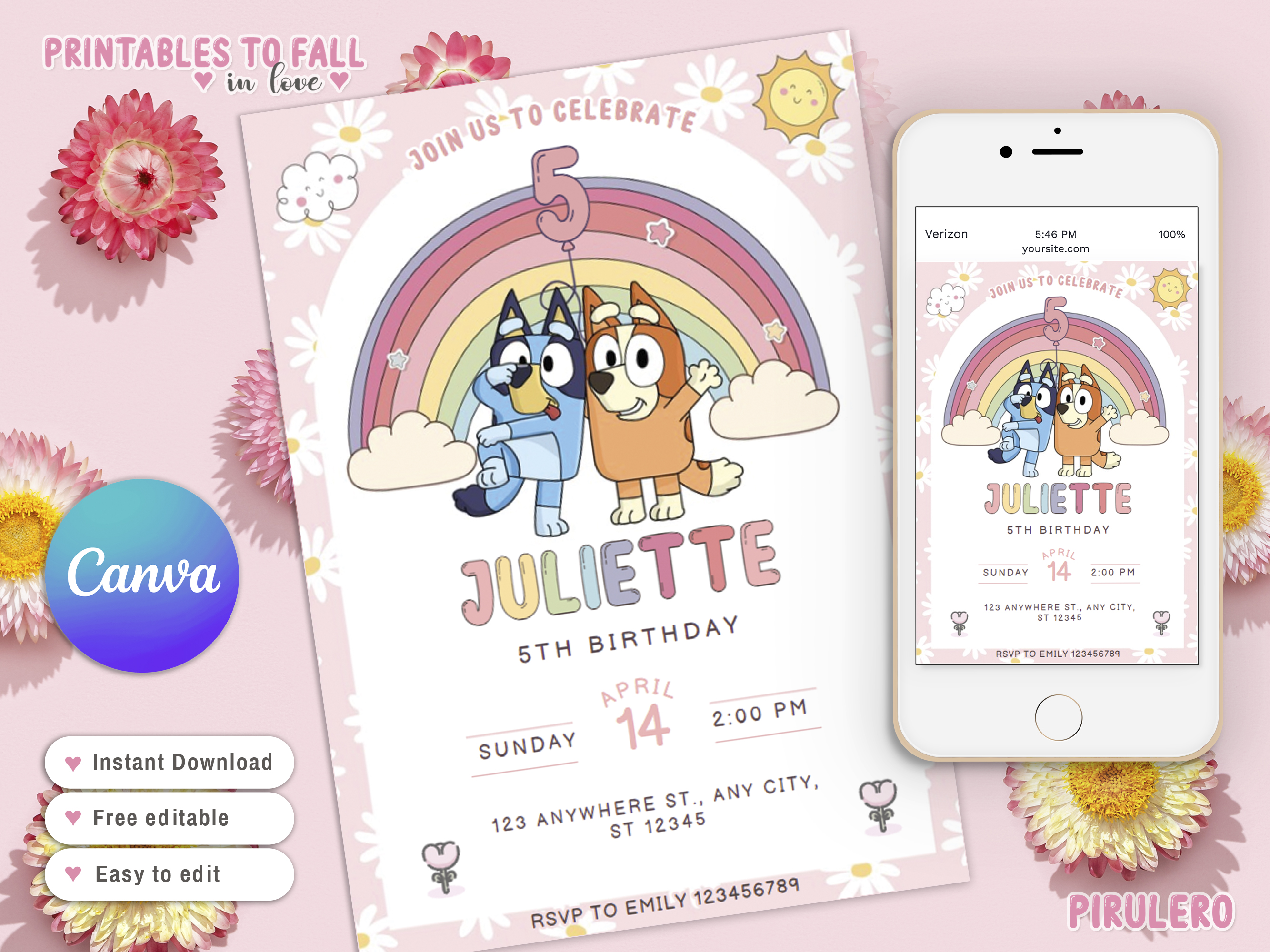 Bluey daisy flowers Invitation Canva Template, Blue dog Birt | Inspire ...