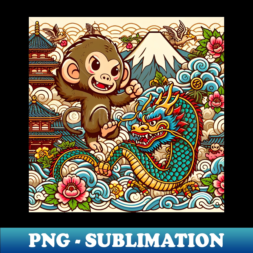 Cute Monkey and Dragon in Japan with Pagoda ,Wave, Flower an | Inspire ...
