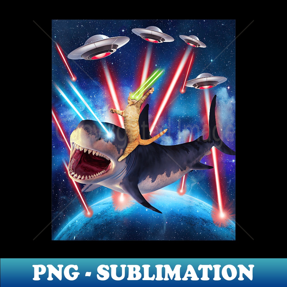 Space Cat Riding Shark Laser Eyes UFO Funny Kitty Cat - Retr | Inspire ...