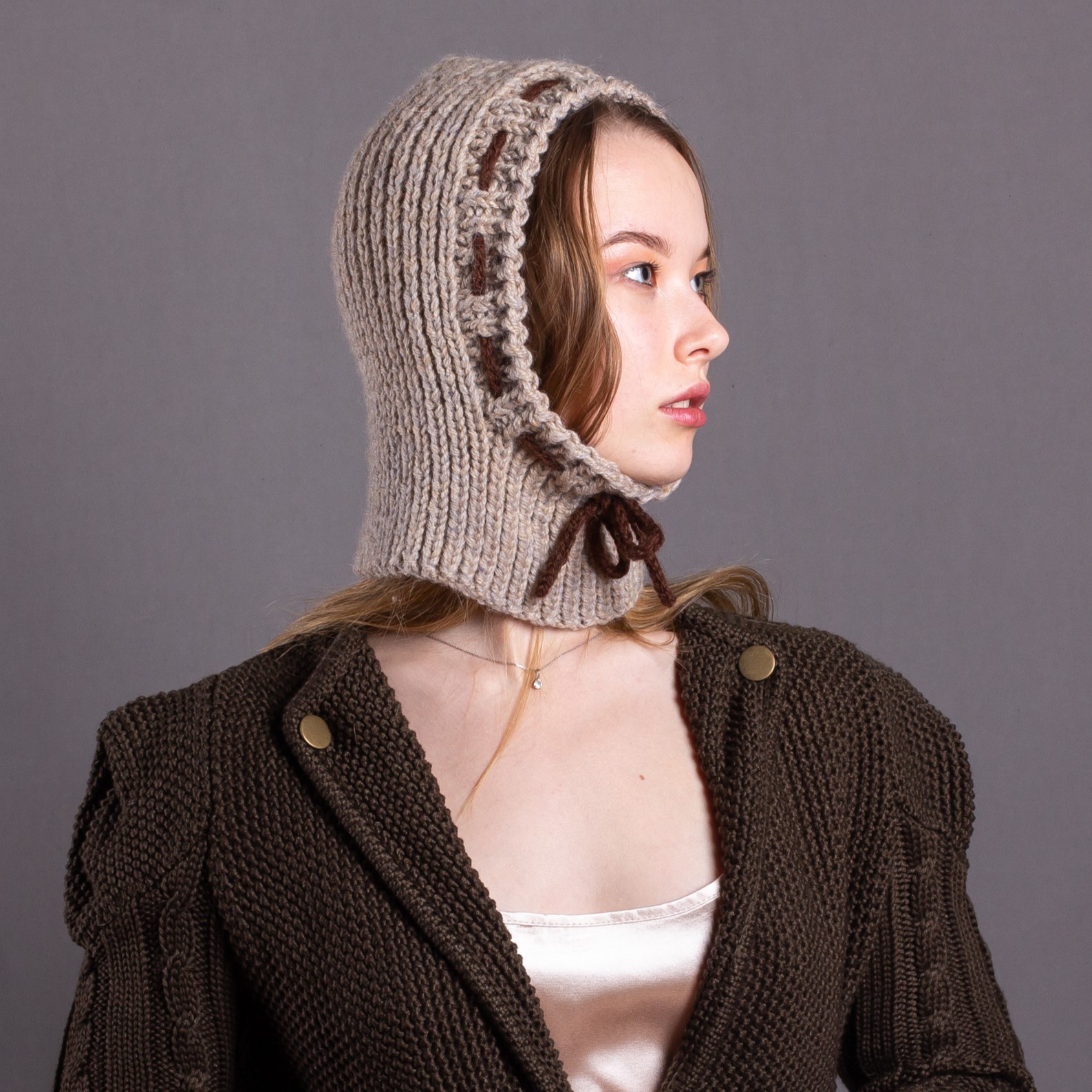 Stylish balaclava with decorative ties. Wool. Linen with bro - Inspire ...