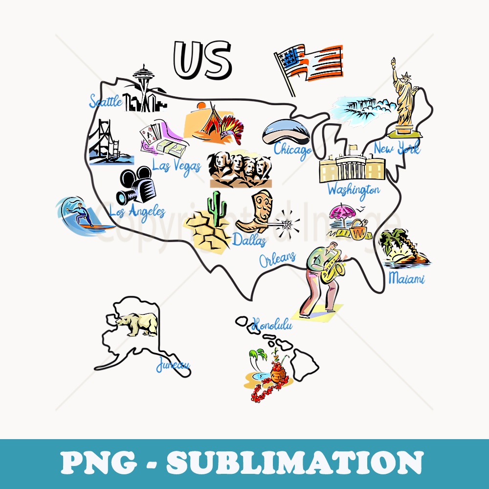 Illustrated map of USA, attractions, landmarks, major cities | Inspire ...
