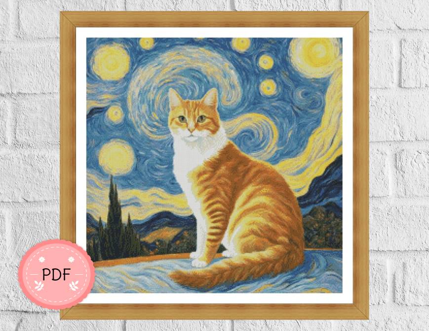 Cross Stitch Pattern,The Starry Night Painting With Cat,Van | Inspire ...