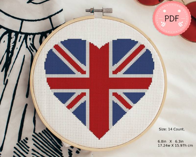 Cross Stitch Pattern,Heart Shaped United Kingdom Flag,Great - Inspire ...