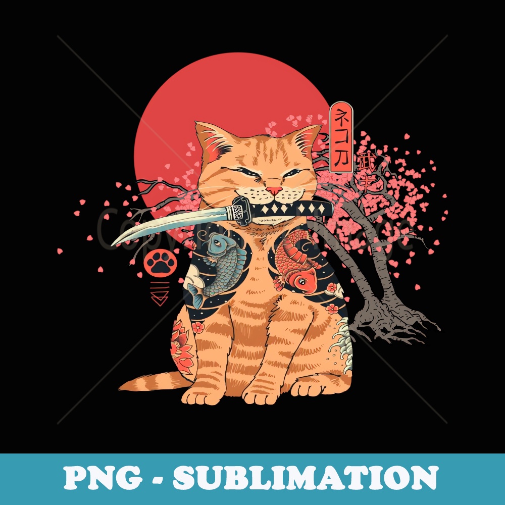 Japanese Sakura Tree Samurai Ninja Cat Kawaii Tattoo Graphic | Inspire ...