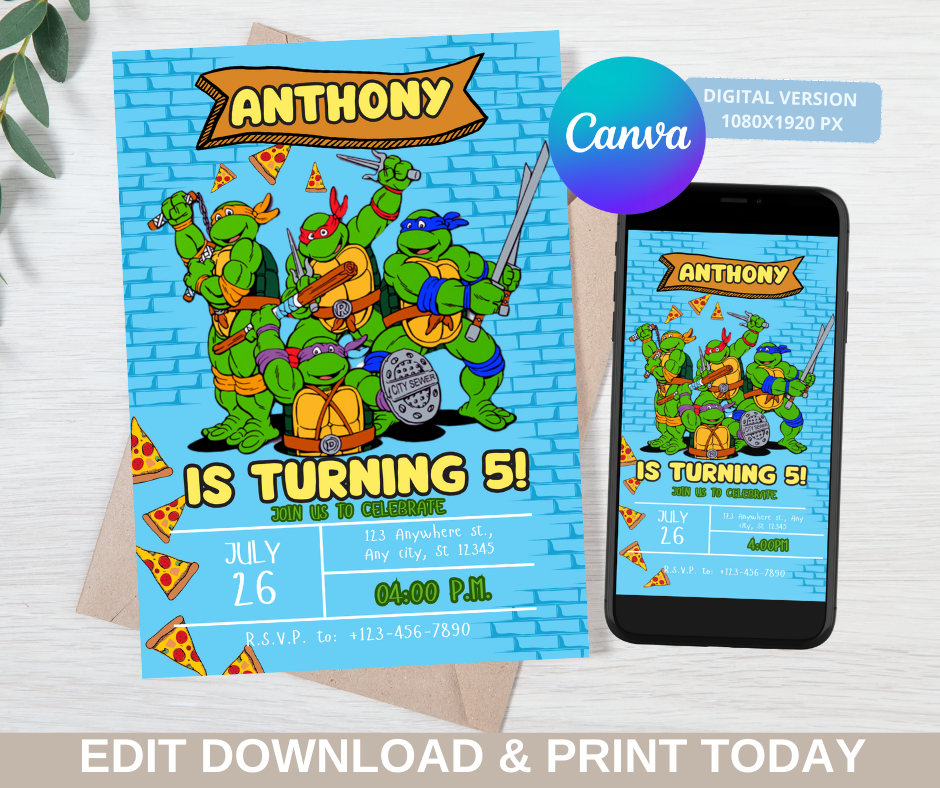Ninja Turtles Invitation, TMNT birthday invitation, Teenage - Inspire ...