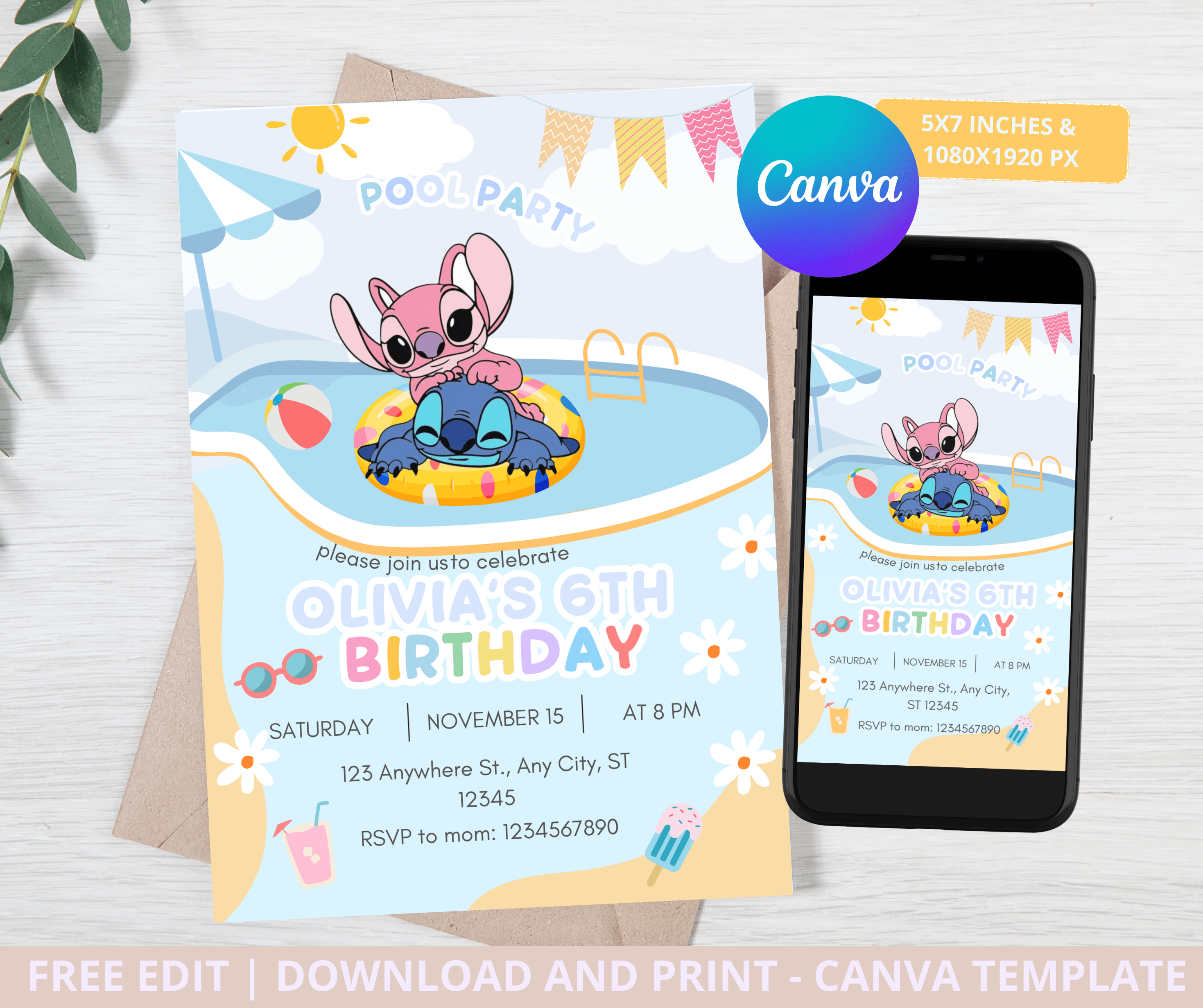 Stitch Pool Party Birthday Invitation, Stitch birthday party | Inspire ...