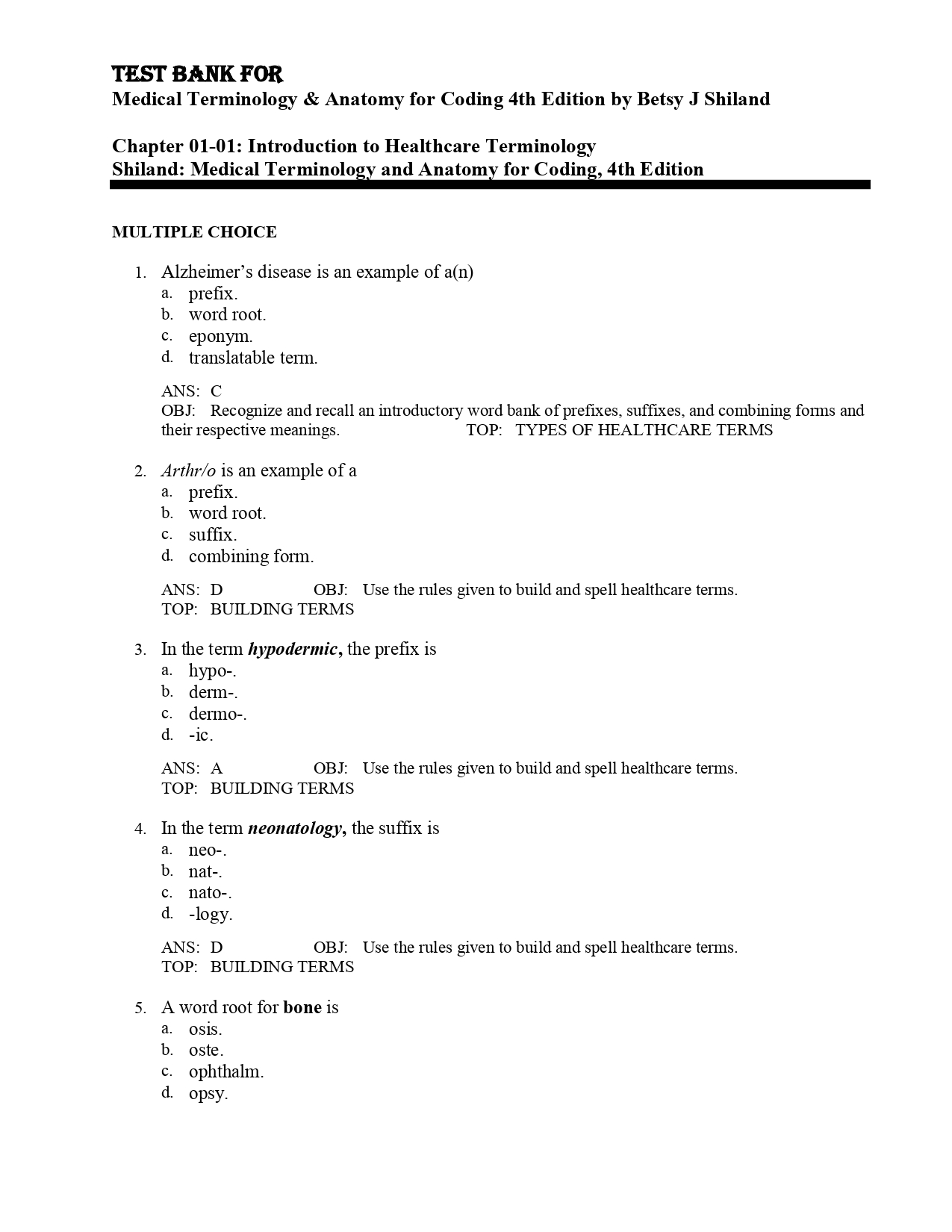 Test Bank for Medical Terminology & Anatomy for Coding 4th E | Inspire ...