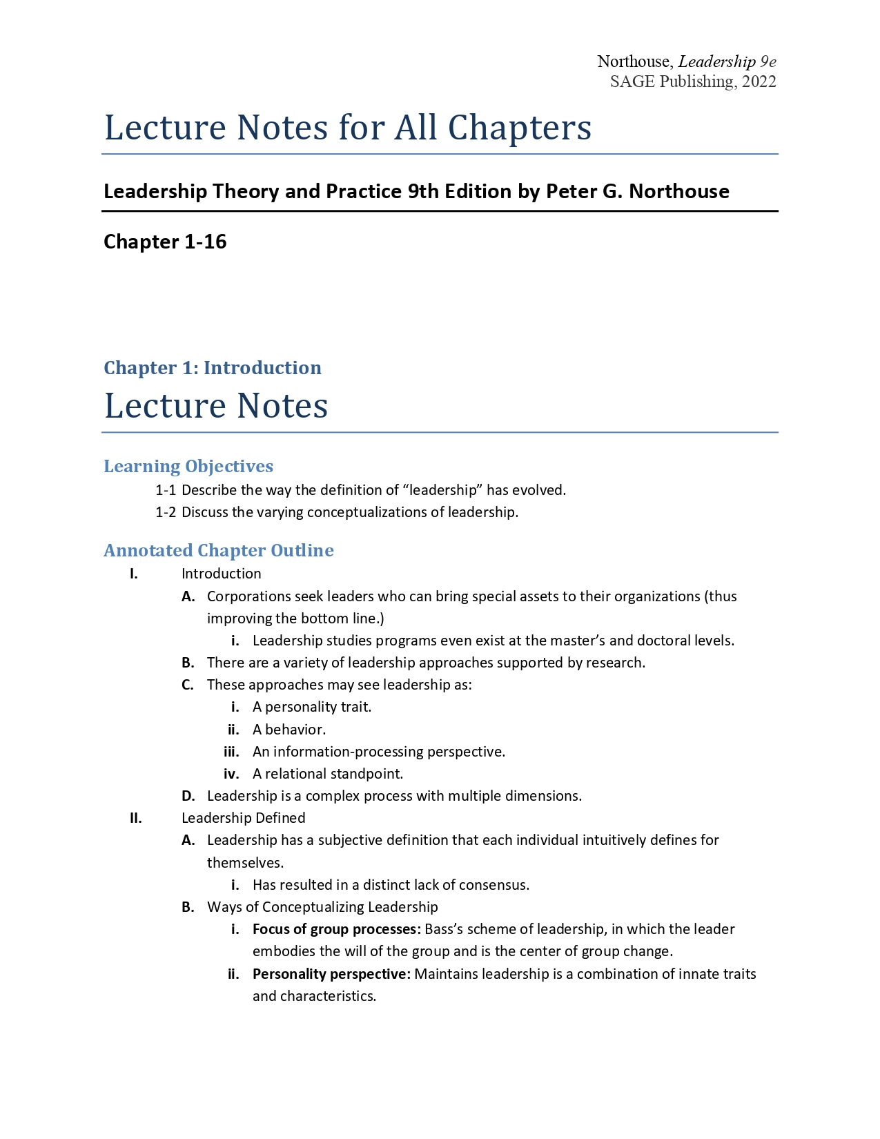 Lecture Notes for Leadership Theory and Practice 9th Edition | Inspire ...