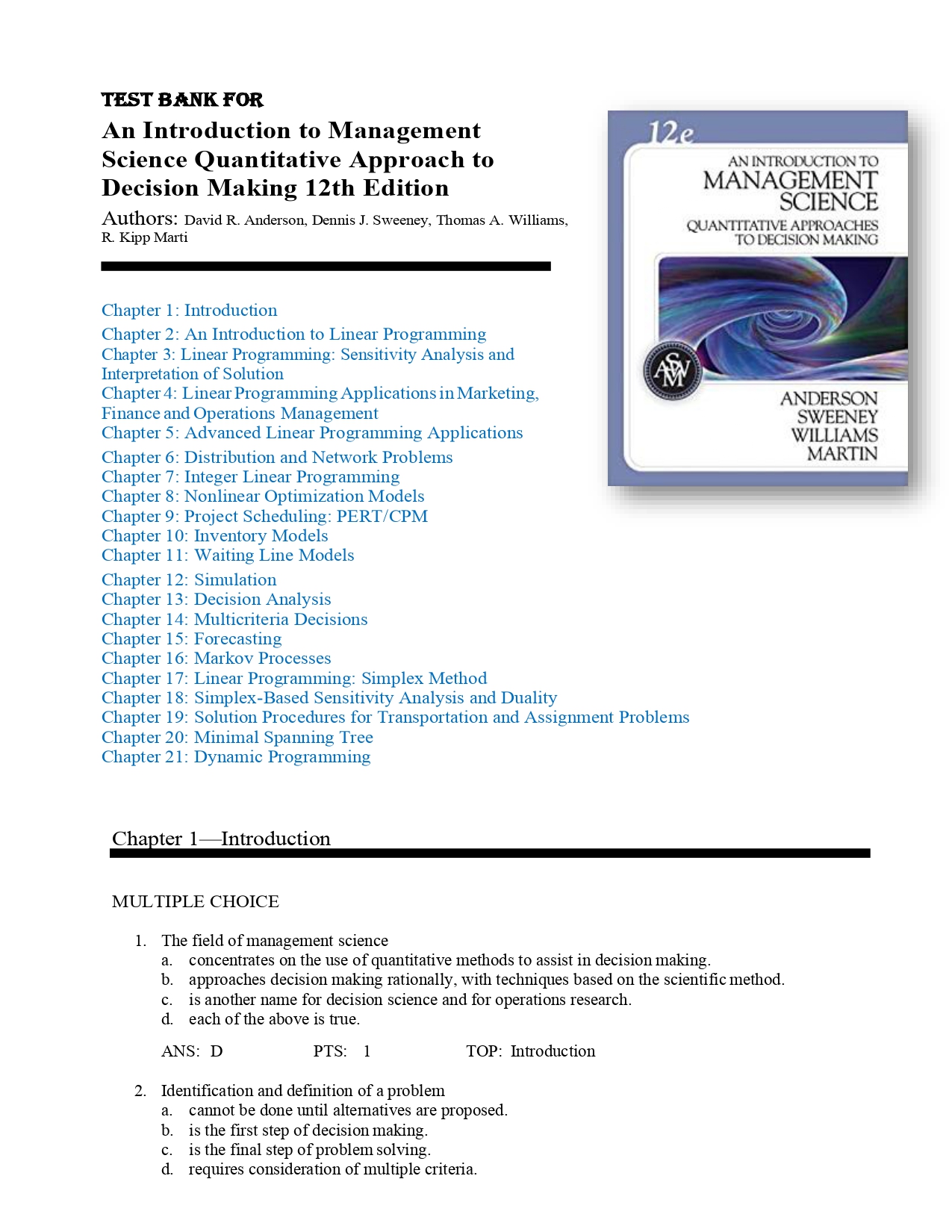 Test Bank for An Introduction to Management Science Quantita | Inspire ...