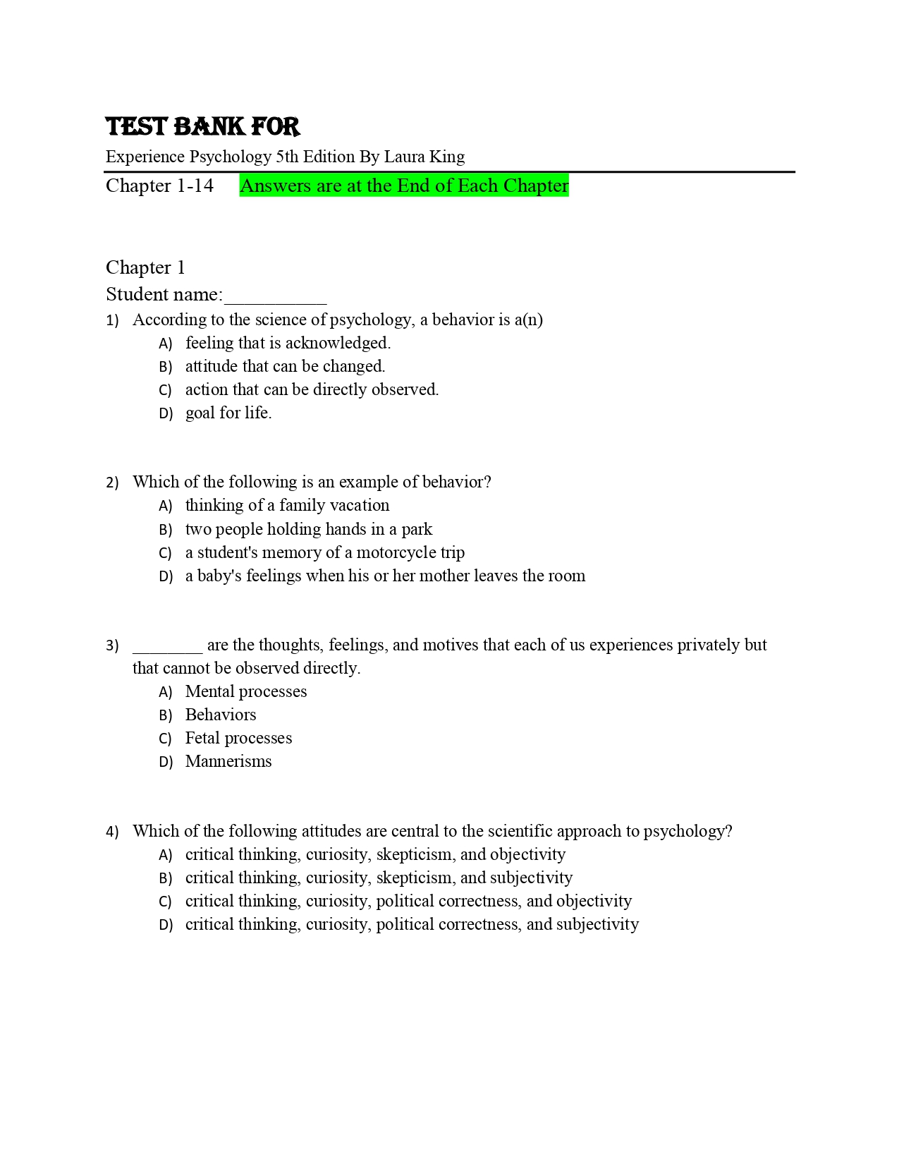 Test Bank for Experience Psychology 5th Edition By Laura Kin | Inspire ...