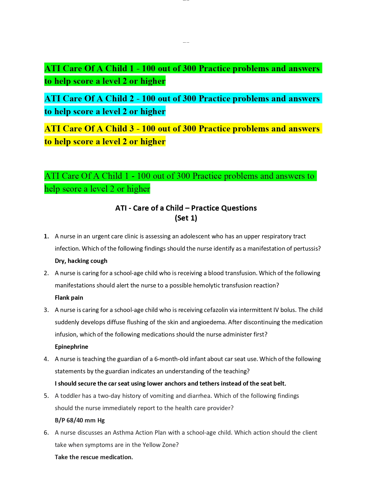 ATI Care Of A Child 1,2 & 3 - 100 out of 300 Practice proble | Inspire ...