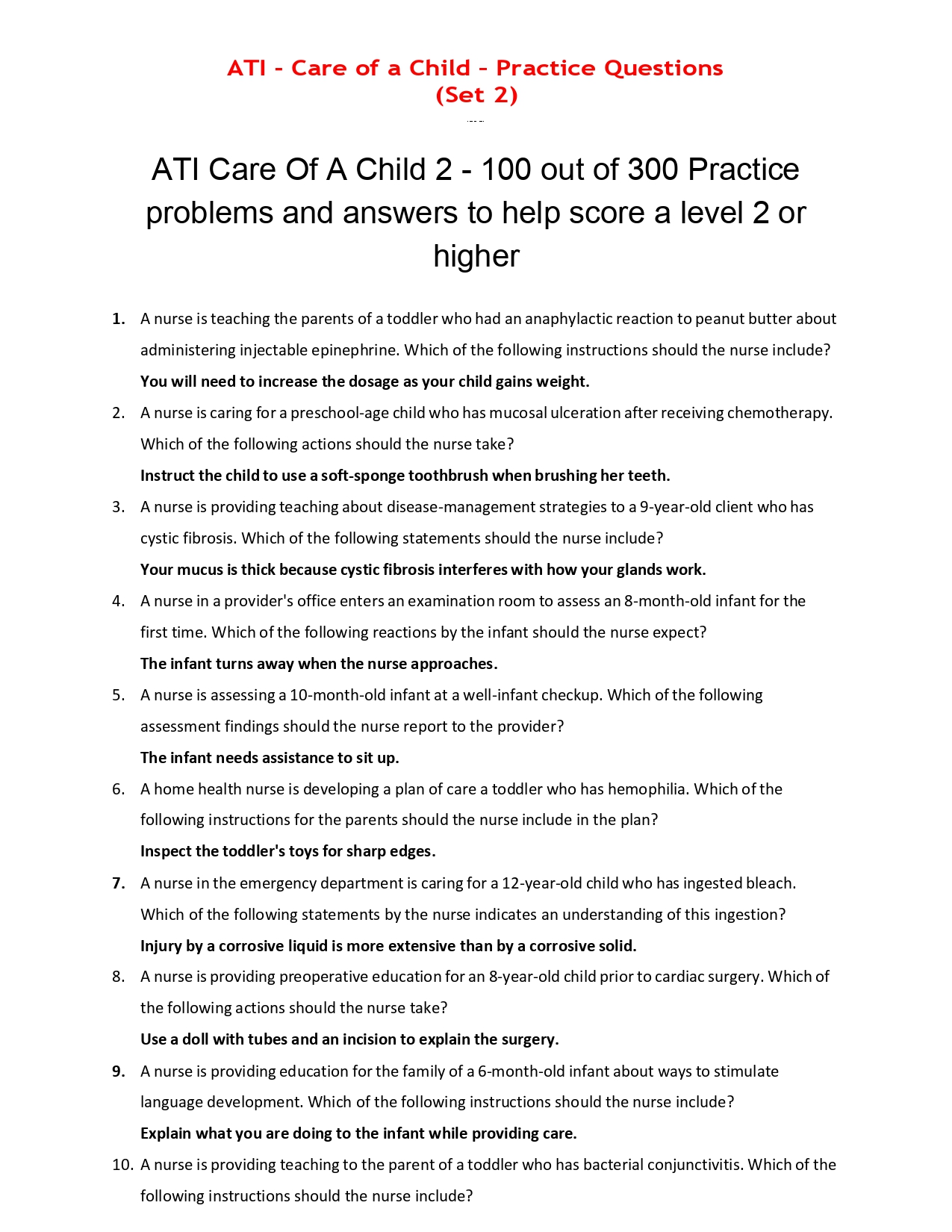 ATI Care Of A Child 2 - 100 out of 300 Practice problems and | Inspire ...