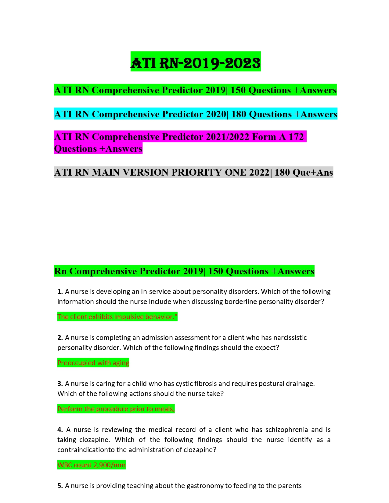 ATI RN COMPREHENSIVE PREDICTOR 2019-2023 Grade A+ | Inspire Uplift