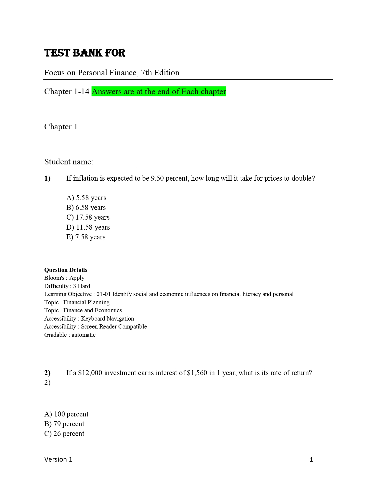 Test Bank for Focus on Personal Finance, 7th Edition by Jack | Inspire ...