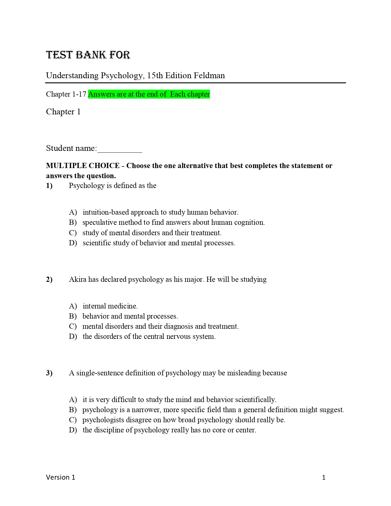 Test Bank for Understanding Psychology, 15th Edition by Robe | Inspire ...