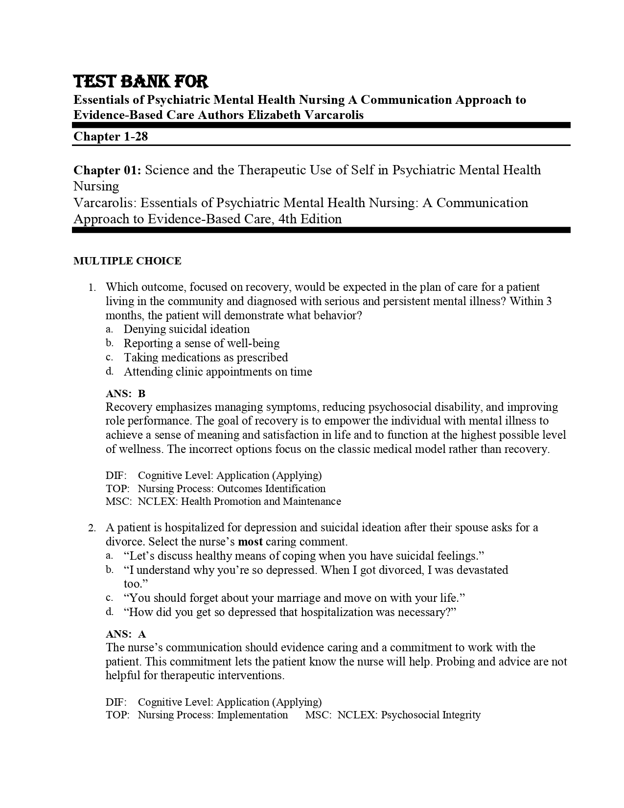Test Bank For Essentials of Psychiatric Mental Health Nursin | Inspire ...