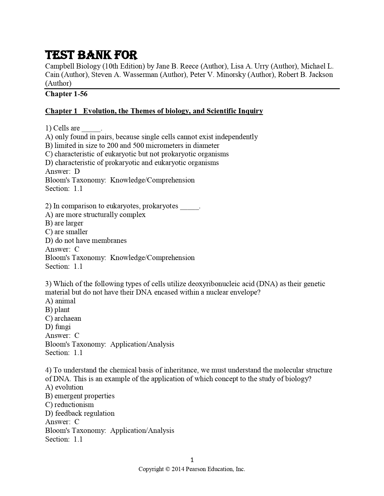 Test Bank For Campbell Biology 10th Edition by Jane B. Reece - Inspire ...