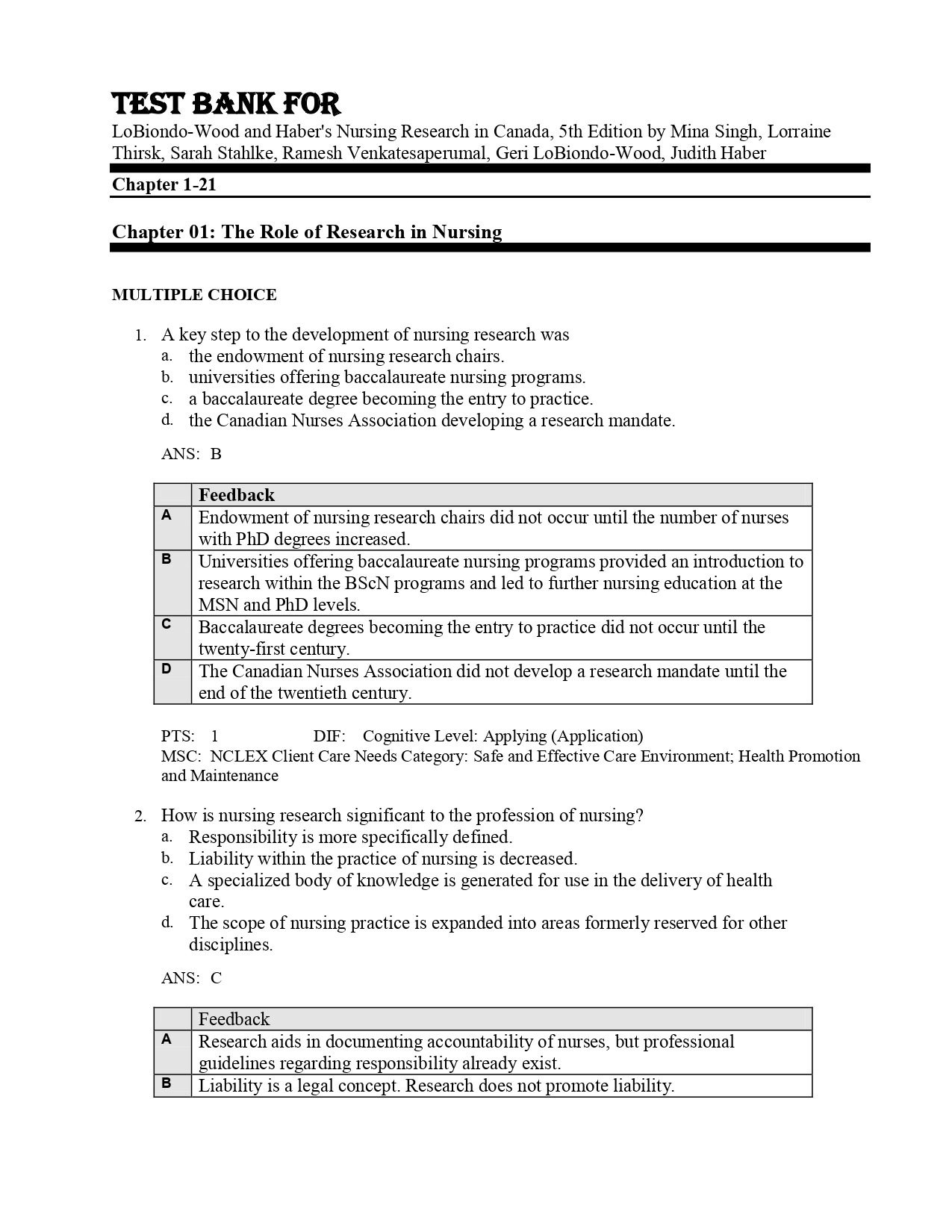 Test Bank For LoBiondo-Wood and Haber's Nursing Research in | Inspire ...