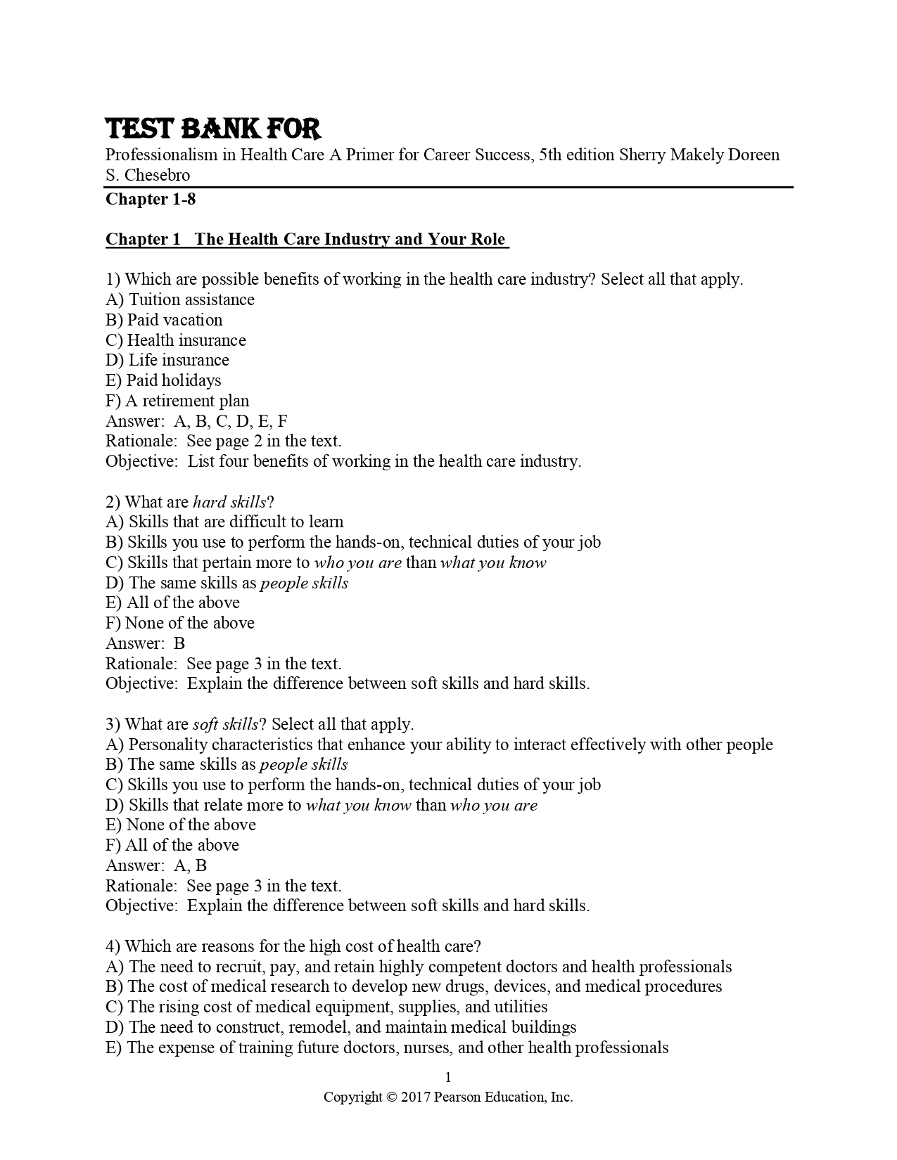 Test Bank For Professionalism in Health Care A Primer for Ca | Inspire ...