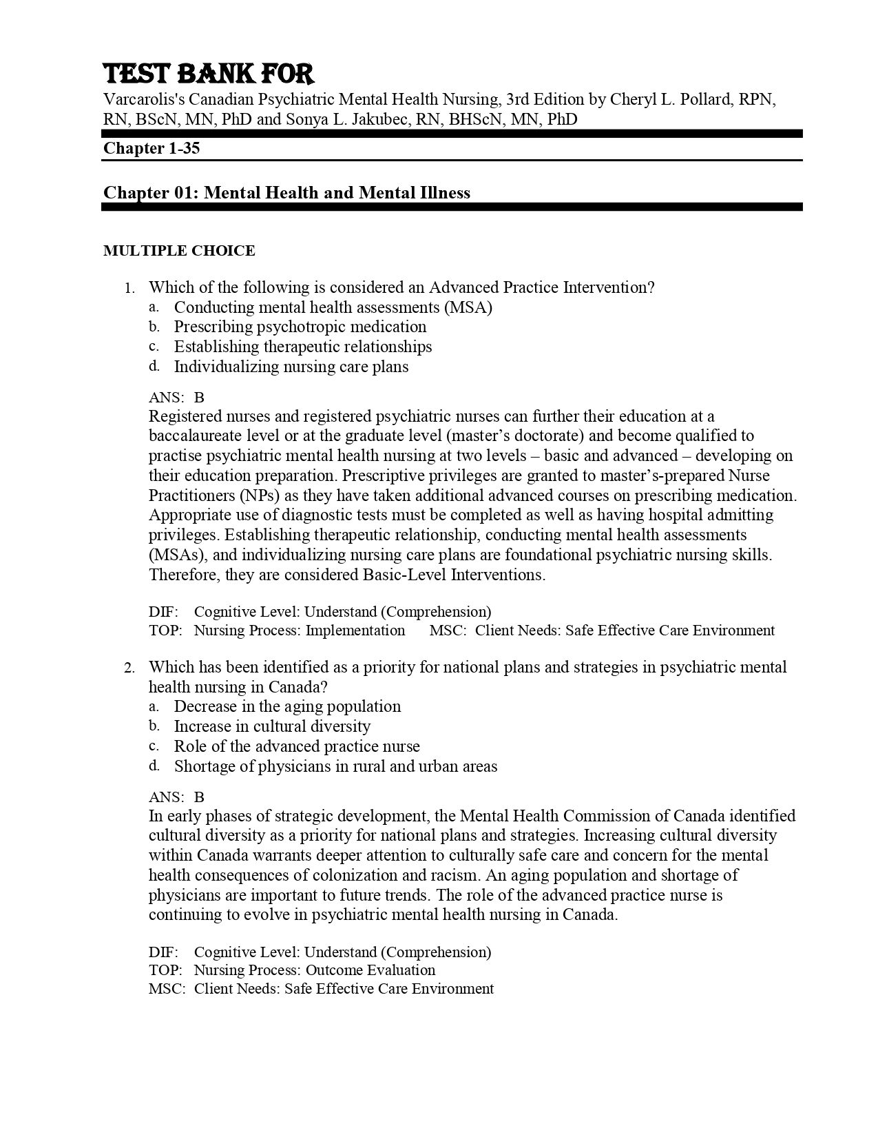 Test Bank For VarcarolisCanadian Psychiatric Mental Health N | Inspire ...