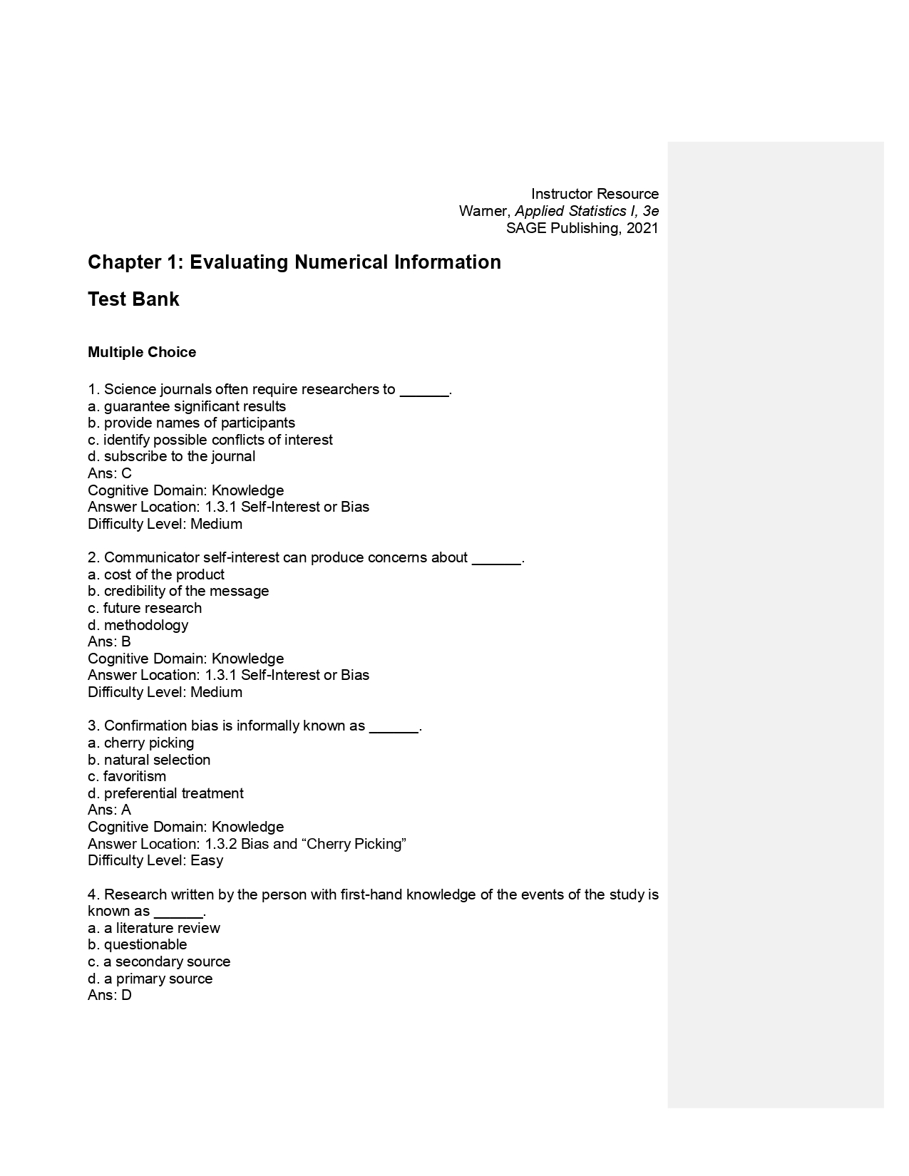 Test Bank for Applied Statistics I Basic Bivariate Technique | Inspire ...