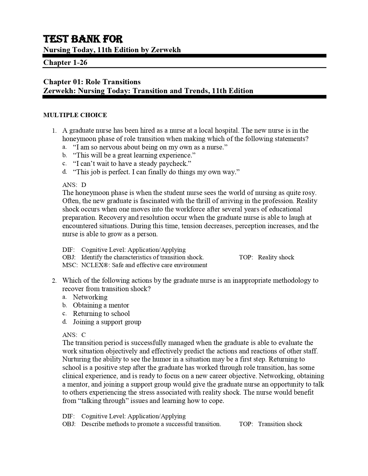 Test Bank for Nursing Today, 11th Edition by Zerwekh | Inspire Uplift