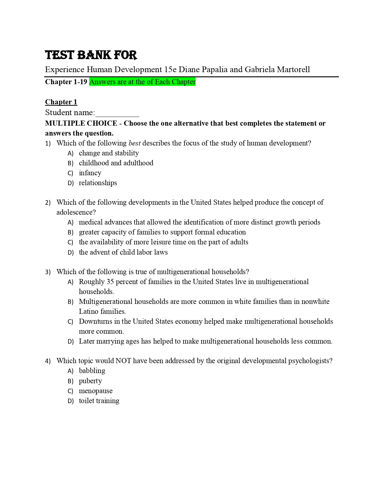 Test Bank For Experience Human Development 15th Edition by D | Inspire ...