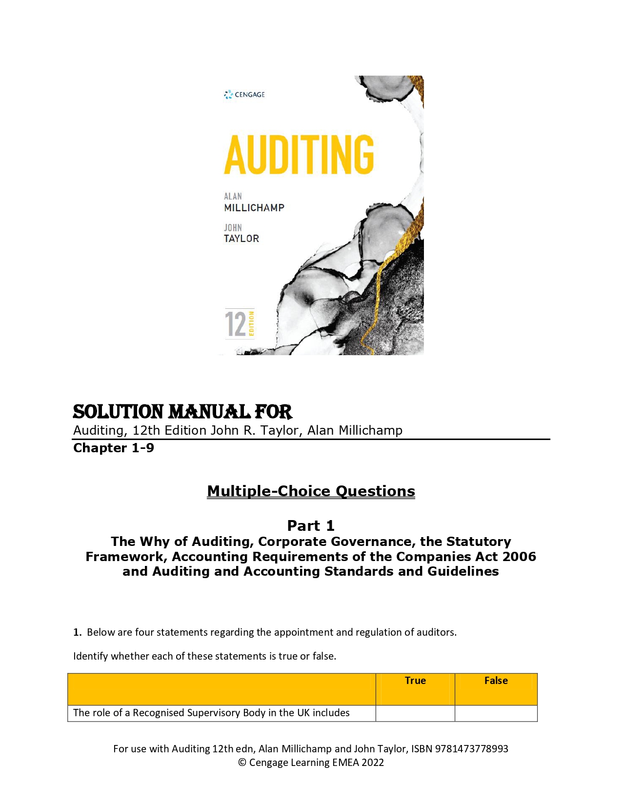 Solution Manual For Auditing, 12th Edition by John R. Taylor | Inspire ...
