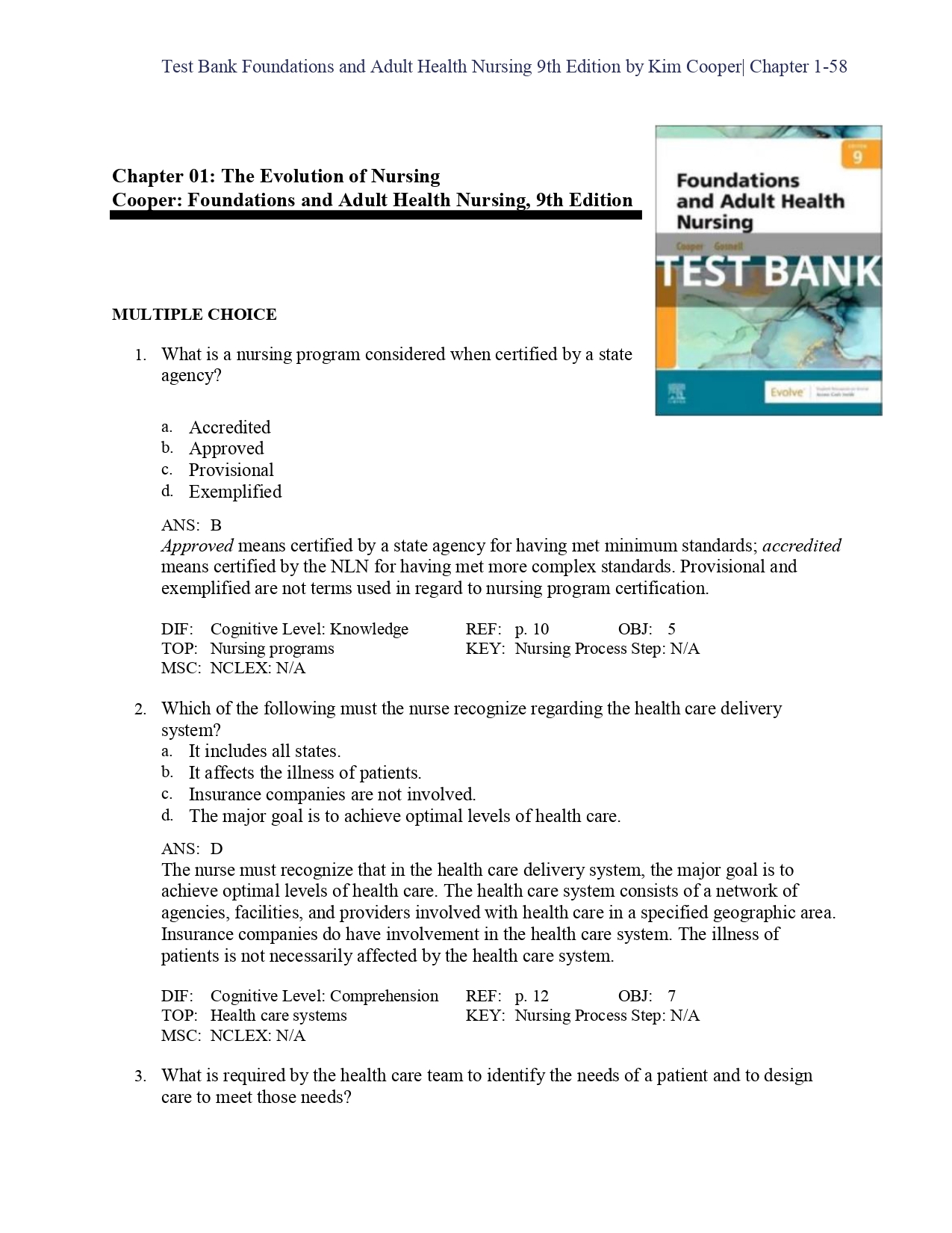 Test Bank Foundations And Adult Health Nursing 9th Edition B Inspire Uplift