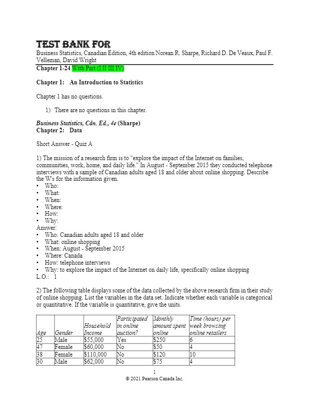 Test Bank For Business Statistics, Canadian Edition, 4th Edi | Inspire ...