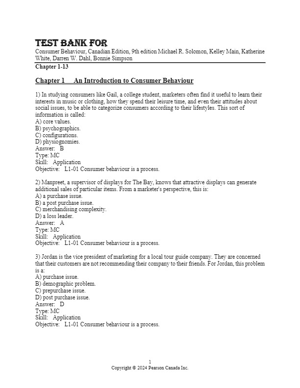 Test Bank for Consumer Behaviour, Canadian Edition, 9th Edit | Inspire ...